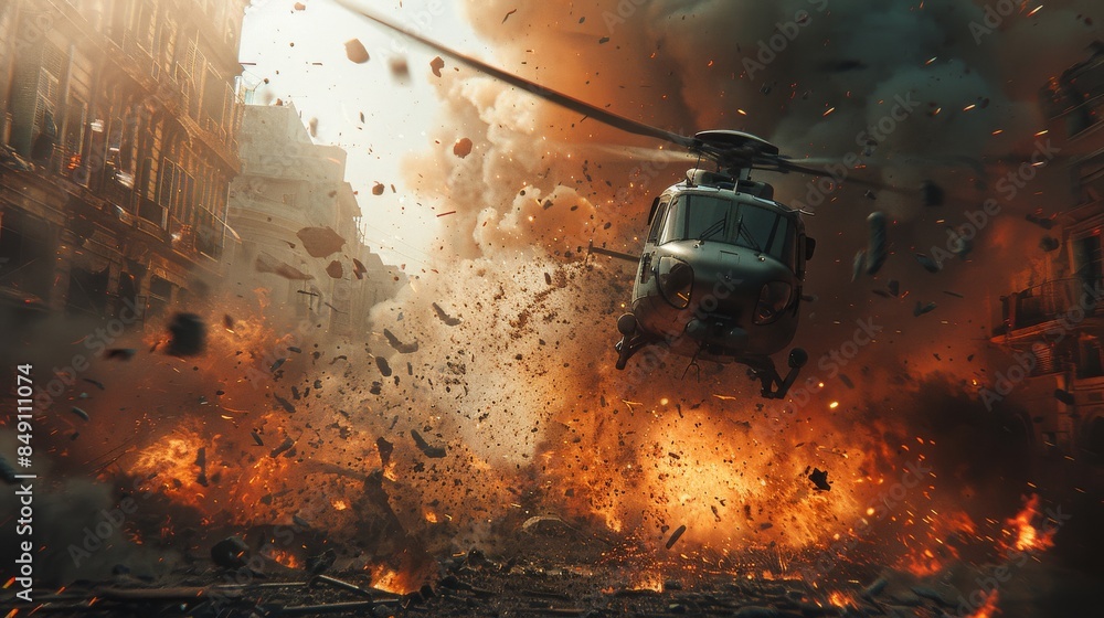 A dramatic action scene depicting a helicopter flying low over a city ...