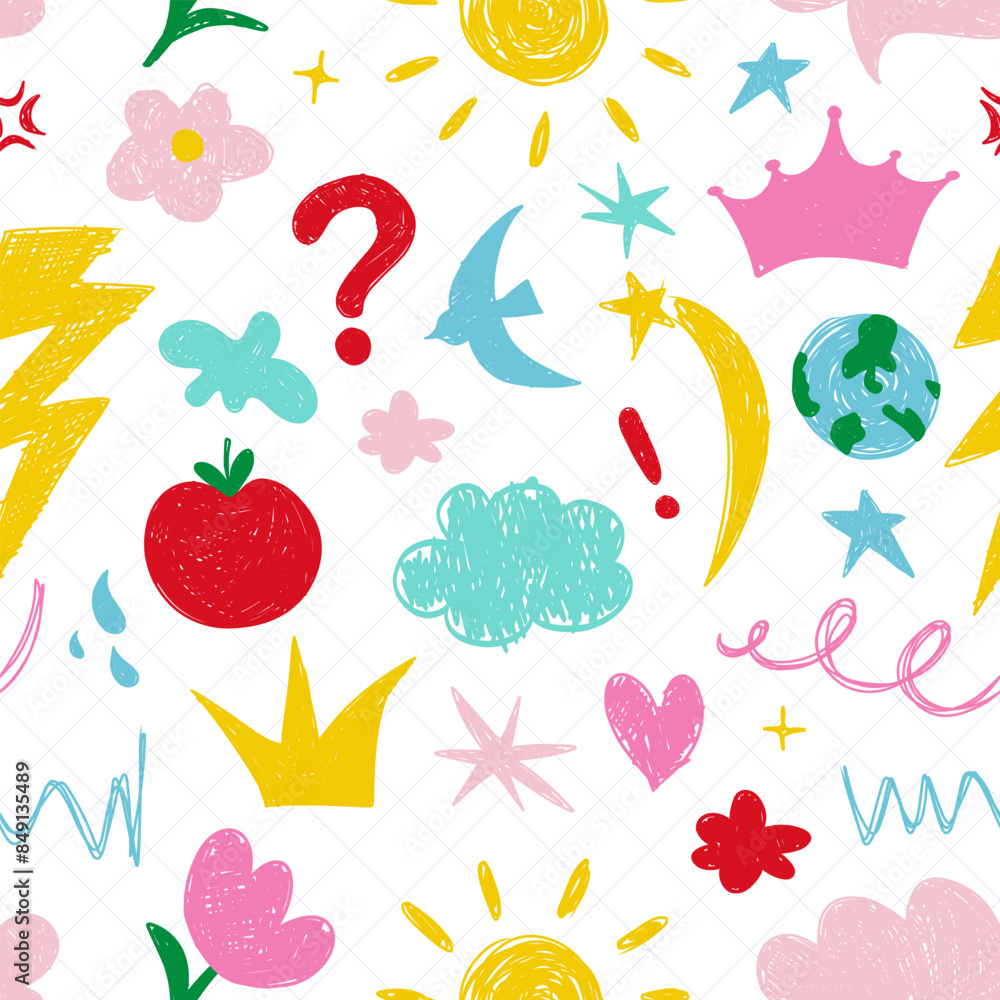 A seamless pattern of children's drawings, this vector design features ...