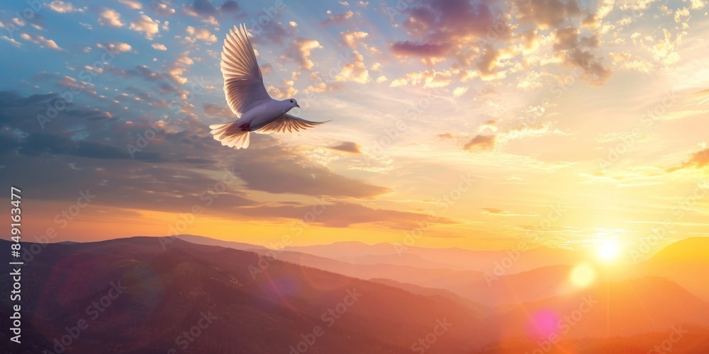 Doves soaring over the sunset mountains, doves descending into the ...