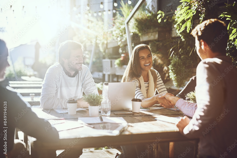 Handshake, agreement and group of people outdoor with deal by contract ...