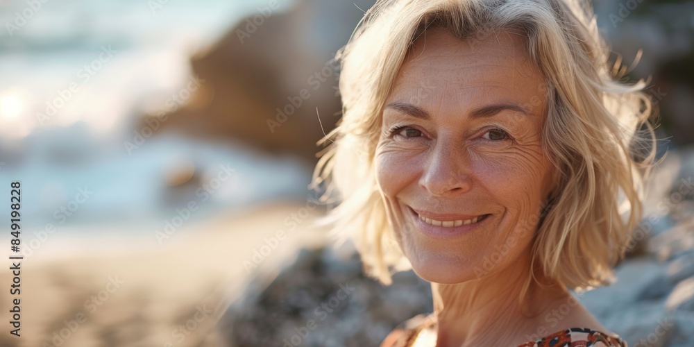 Gorgeous mature woman on the beach. Smiling elder on beach vacation ...