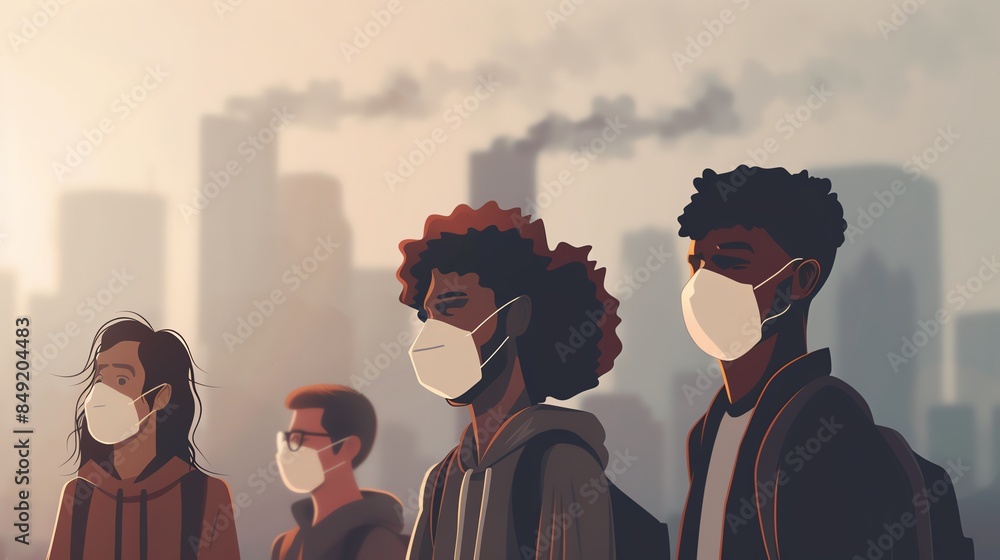 Diverse group of people wearing masks in a polluted urban area ...