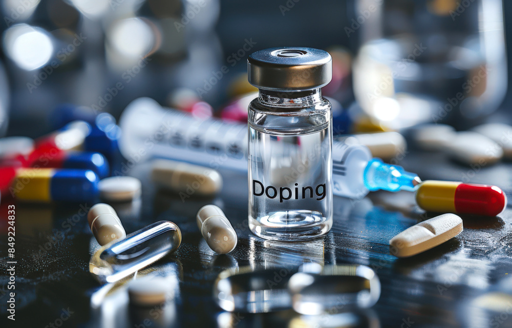 The doping scandal. Vials of doping pills and syringes are scattered on the table. The concept ...