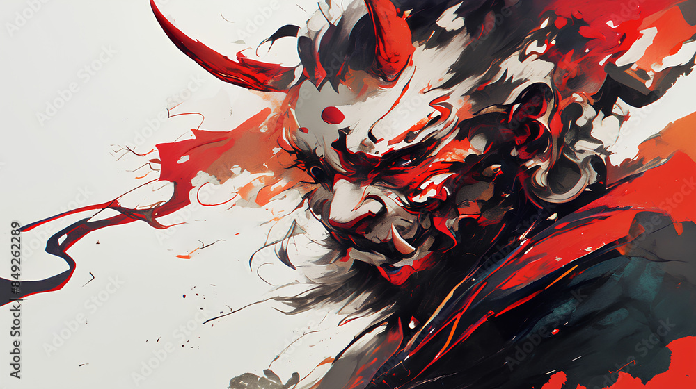 drawing a Japanese oni face model with swirls and brush strokes Stock ...