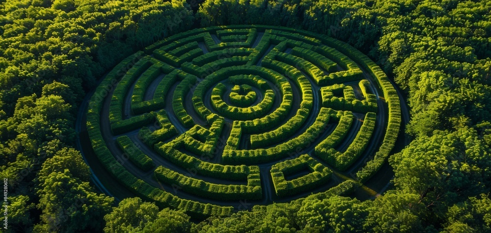 Drone photography capturing an aerial view of a circular hedge maze in ...