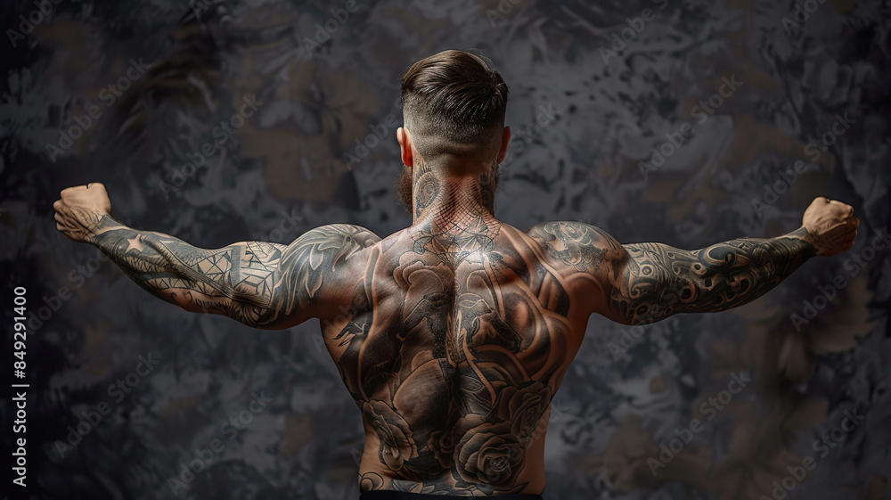 Tattooed Bodybuilder Flexing Back Muscles in Strength Pose Stock Photo ...