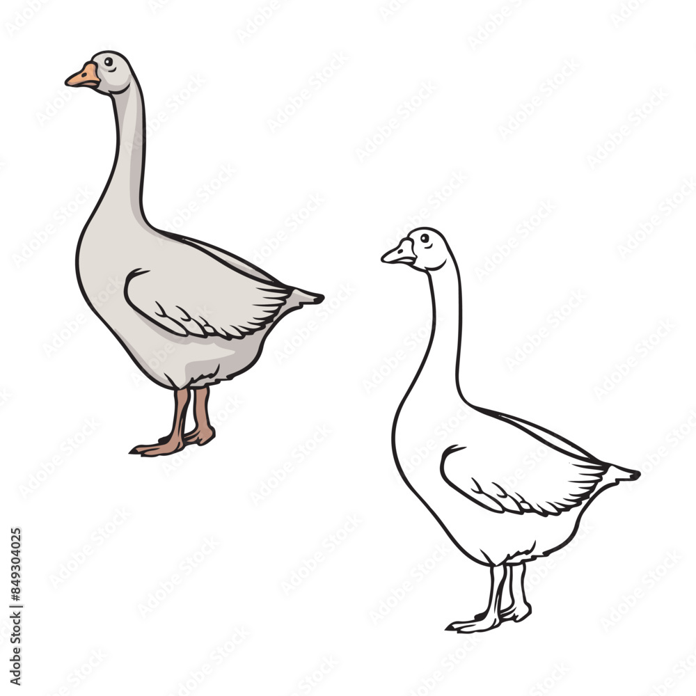 Cartoon goose drawing with line art style. Simple design outline style ...