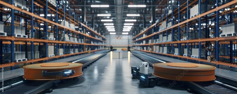 Automated warehouse with conveyor belts and robotic pickers, high ...