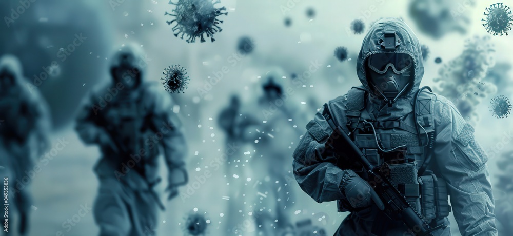 Biological warfare with a scene depicting military special forces ...