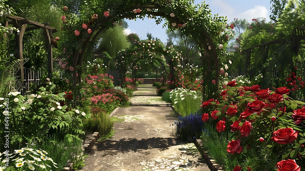 beautiful english rose garden with arches and arbors, featuring red ...