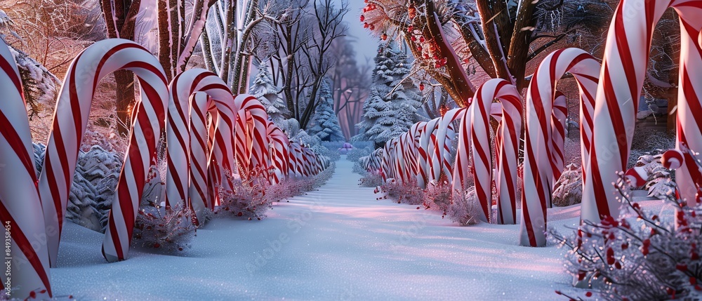 Ilustración de Stock Giant candy canes lining a snowy pathway, creating ...