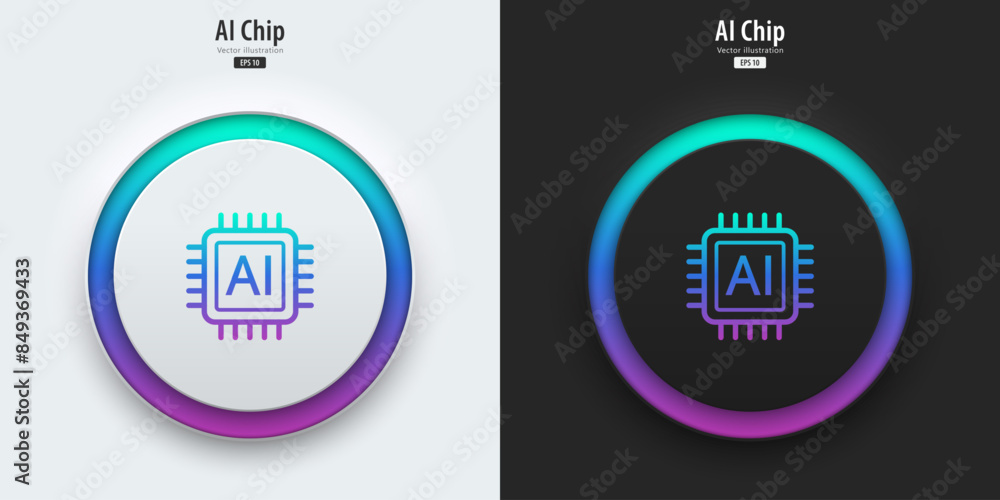 AI Chipset icon. A set of black and white buttons with AI Chipset symbols. Artificial ...