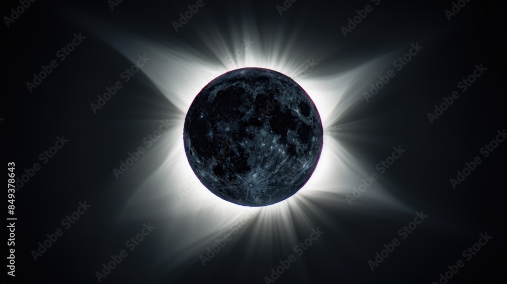 View of total solar eclipse, moon completely covering sun. Corona ...