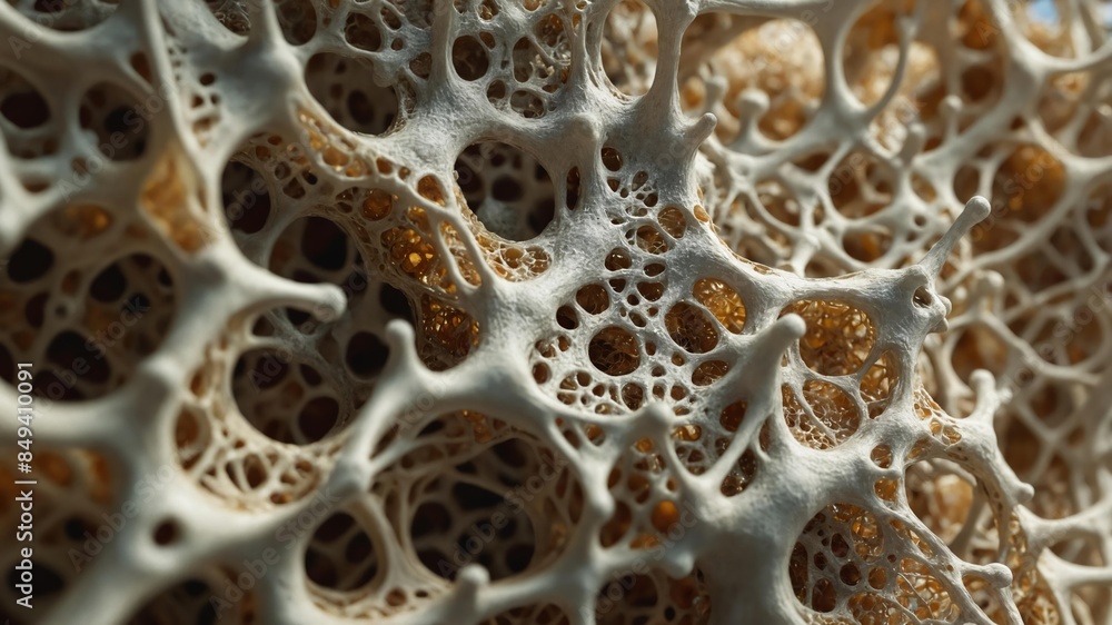 Spongy bone structure under magnification, showing tissue cells ...