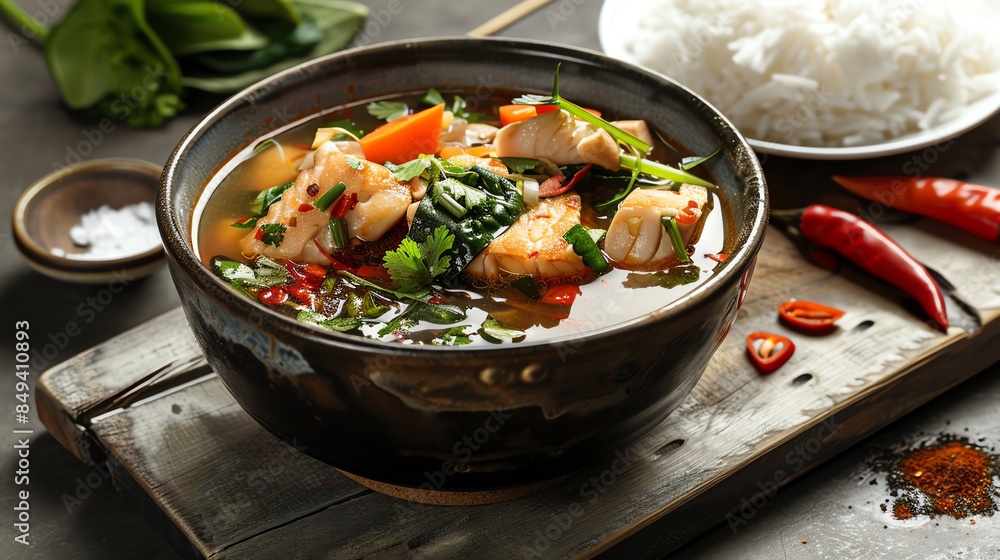 Filipino sinigang na isda, a sour fish soup with tamarind broth ...