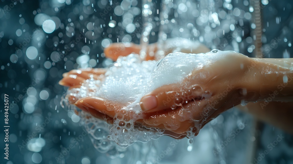 Detailed view of hands lathering with soap under a refreshing shower ...