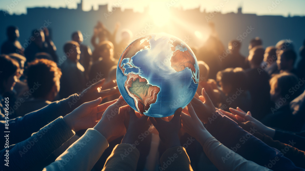 People holding globe, symbolizing global unity and collaboration ...