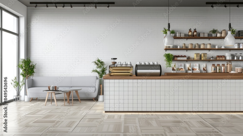 a coffee shop interior with a white tiled bar, wooden counter, and ...