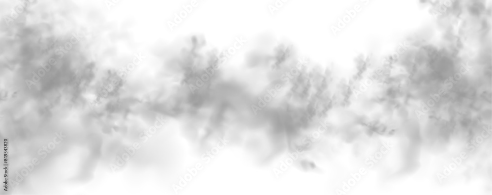 Grey smoke puff, white background and studio with no people with fog in ...