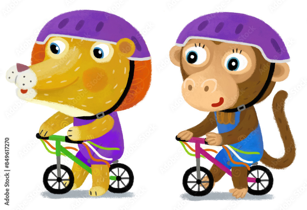 cartoon scene with happy little boy lion cat riding on an bicycle and ...