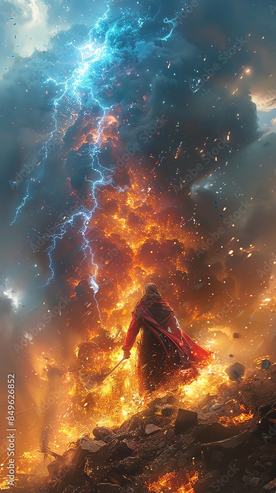 Chango wielding holographic thunderbolts in a surreal volcanic eruption ...