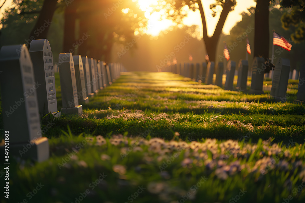 Peaceful Dawn at Military Cemetery with Row of Gravestones and American Flags Honoring Memorial ...