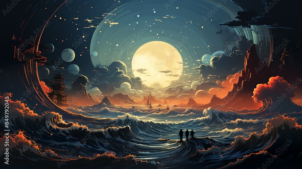 The primordial sea, shown as a dark, mysterious expanse with swirling ...