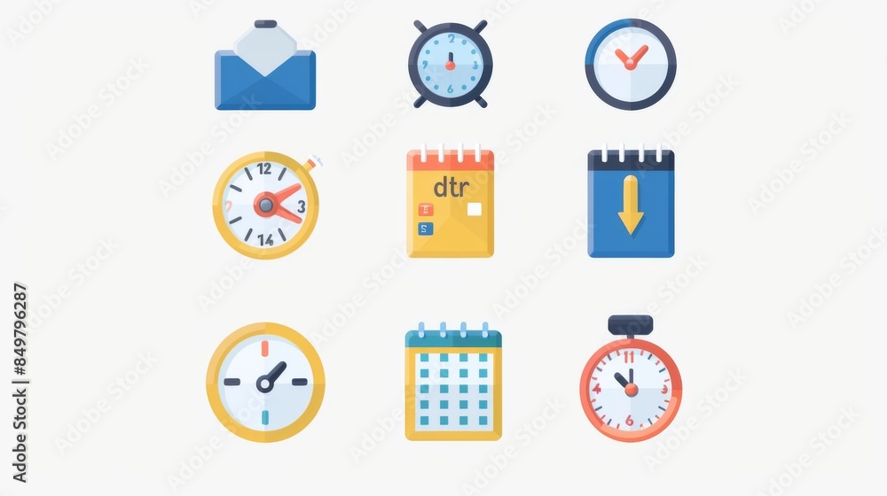 This Image Features A Set Of Icons Related To Timekeeping And Scheduling Rendered In A Flat