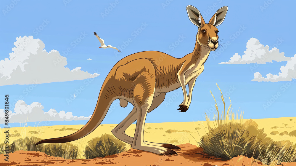 A lively cartoon kangaroo hopping across the Australian outback with a baby joey in its pouch ...
