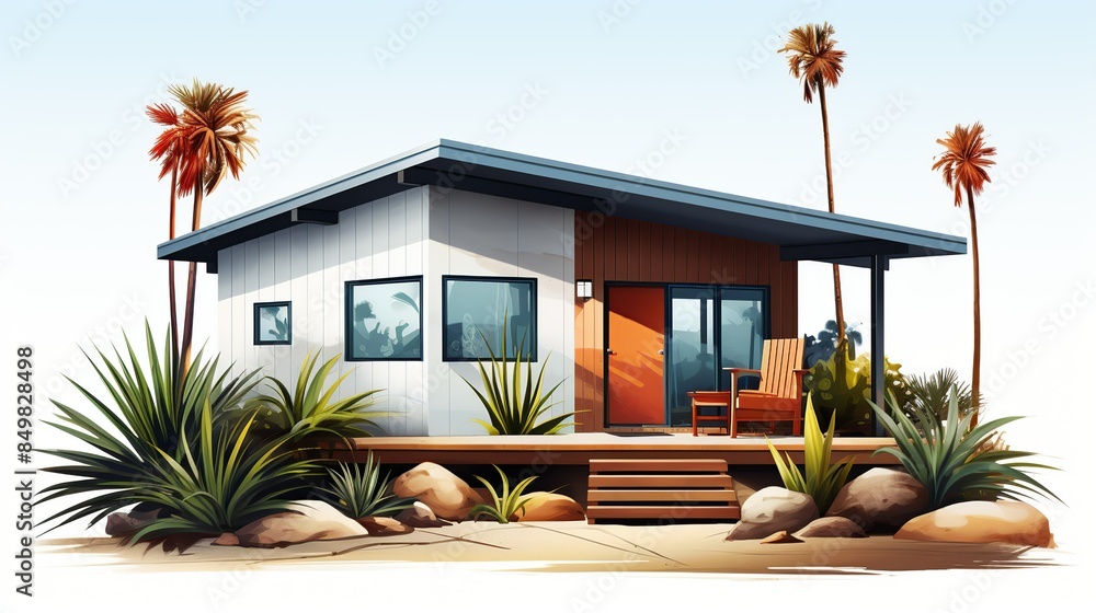 An artist's rendering of a small minimalist house, showcasing a simple ...