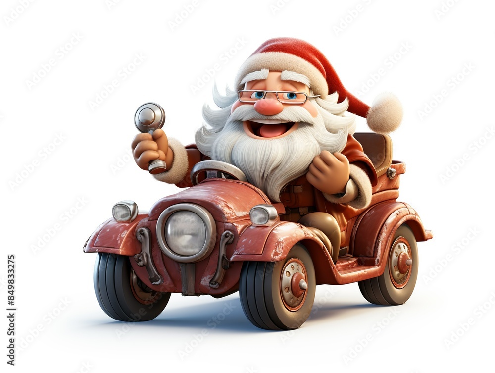Стоковая иллюстрация «Santa Claus driving a classic red car filled with ...