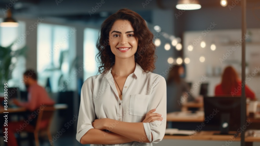 Smiling beautiful female professional manager standing with arms ...