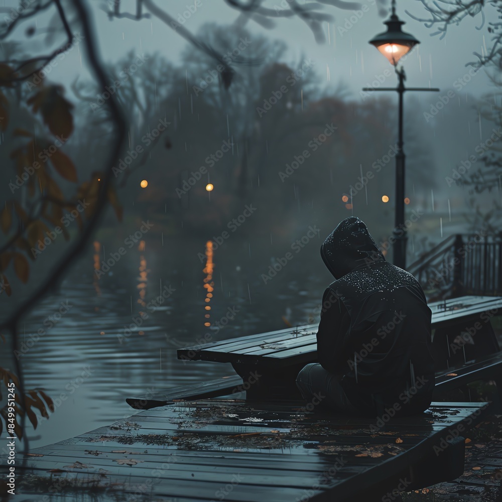Sad man in park, judging by something, bench next to pond, rain falling ...