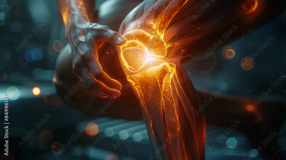 Digital illustration of a human knee joint with glowing highlights and ...