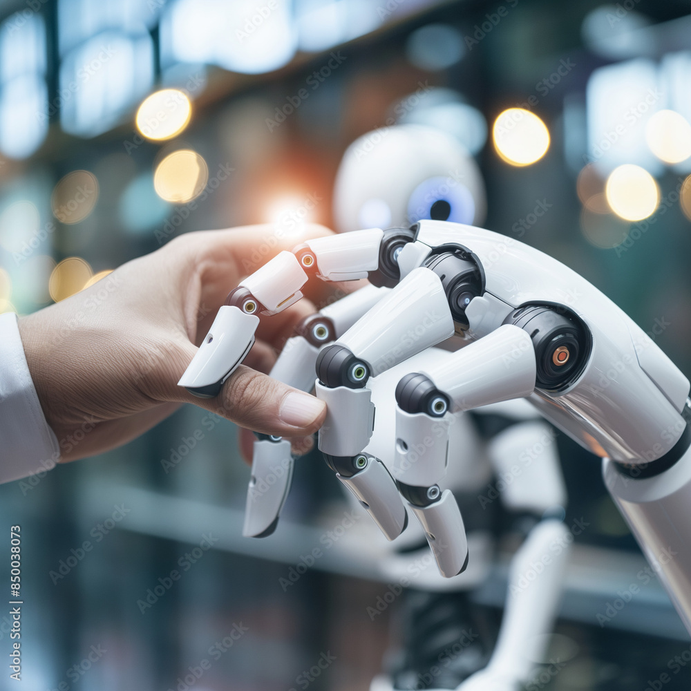 Fotografie robot hand touching human hand, hand touching screen, robot ...