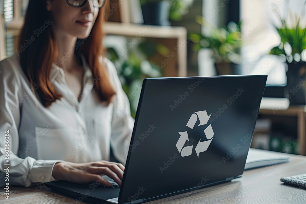 Businesswoman displaying a recycling icon on her laptop screen ...