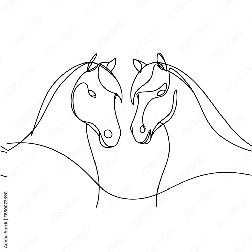 simple outline vector single line drawing of a portrait of two horses ...