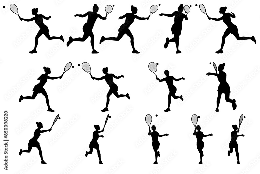 collection of different angle of silhouette female tennis player ...