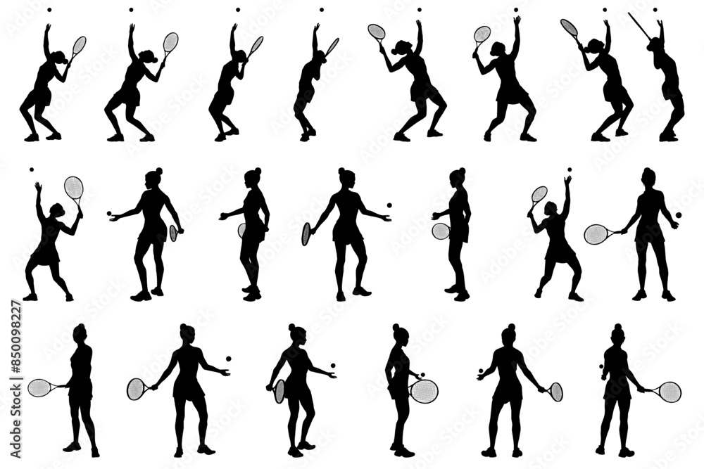 collection of different angle of silhouette female tennis player ...