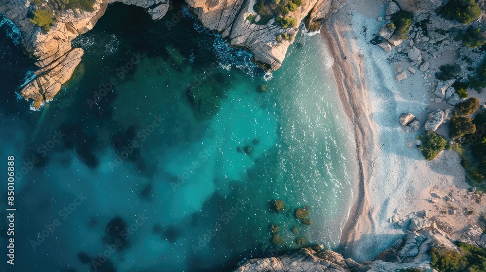 An aerial view of a coastal beach with rocks, surrounded by electric ...