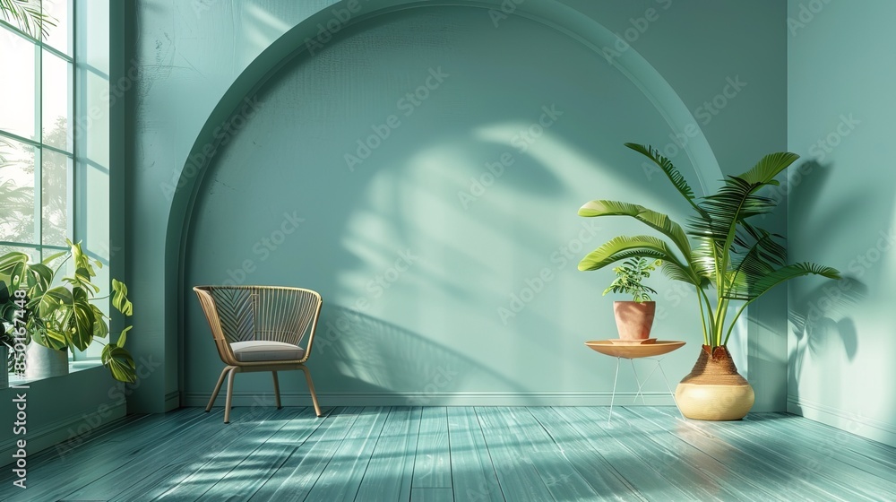 Contemporary 3D office with a cambered arch, teal wooden floor, and ...