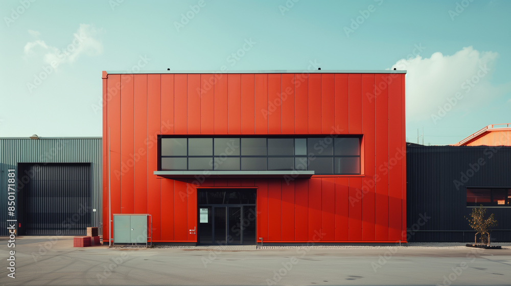 Modern Red Warehouse Exterior with Blue Accents. The minimalist design ...