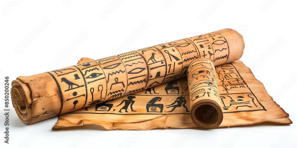 Ancient Egyptian papyrus scroll featuring hieroglyphics on a white ...