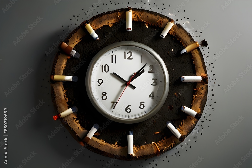 Time ticking away with cigarette butts as clock numbers symbolizes the ...