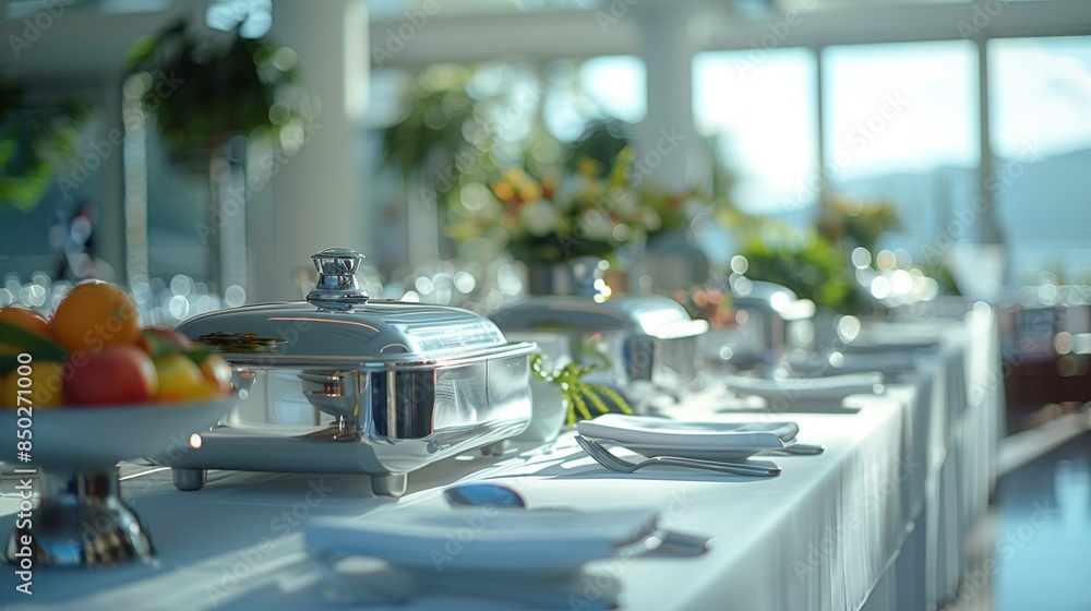 Organized buffet table with spotless catering equipment, featuring ...