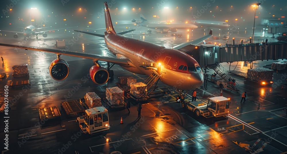 Nighttime Cargo Plane Loading. Cargo plane being loaded with cargo at ...