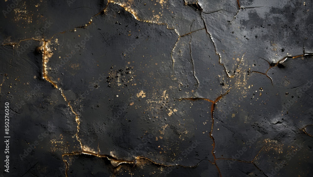 Dark gray and metallic texture with golden cracks, creating an abstract ...