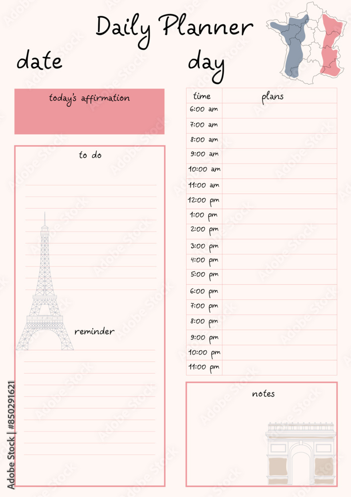 Daily planner template with French theme, featuring sections for date ...
