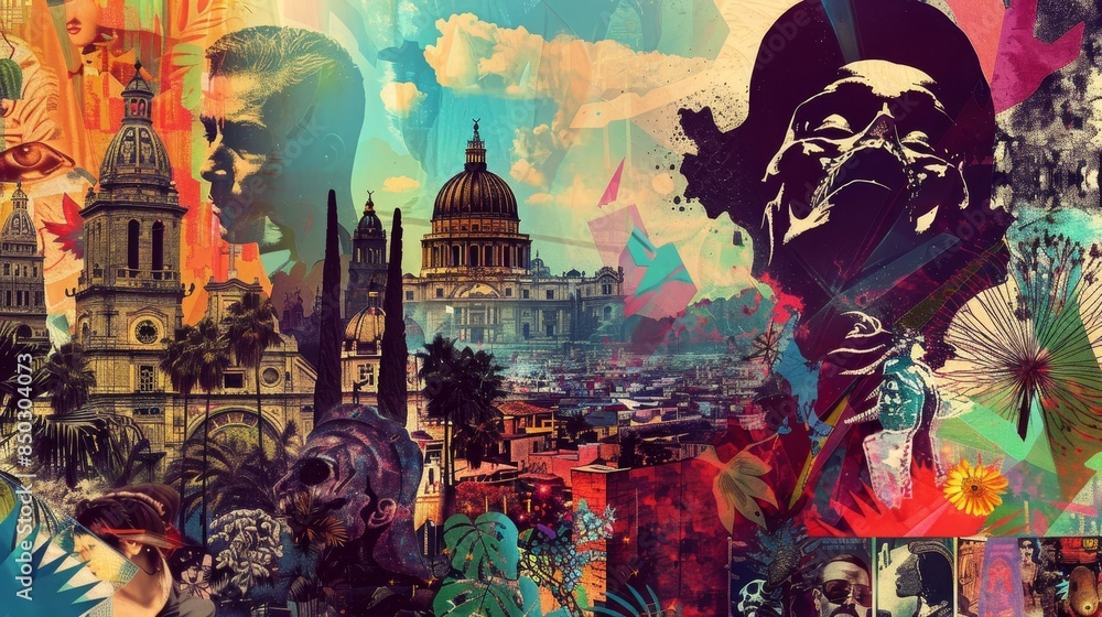 Hispanic culture collage with iconic landmarks and cultural symbols ...