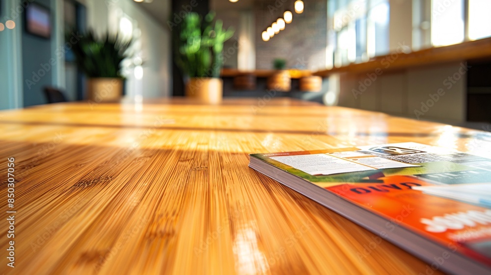 An ultra-sharp and clear photograph of a sleek hardwood desk with a ...